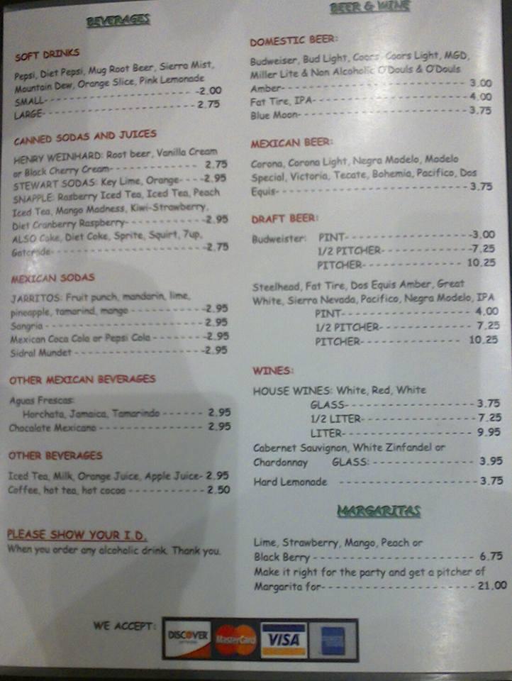 Carta de Valley Azteca Restaurant, Arcata