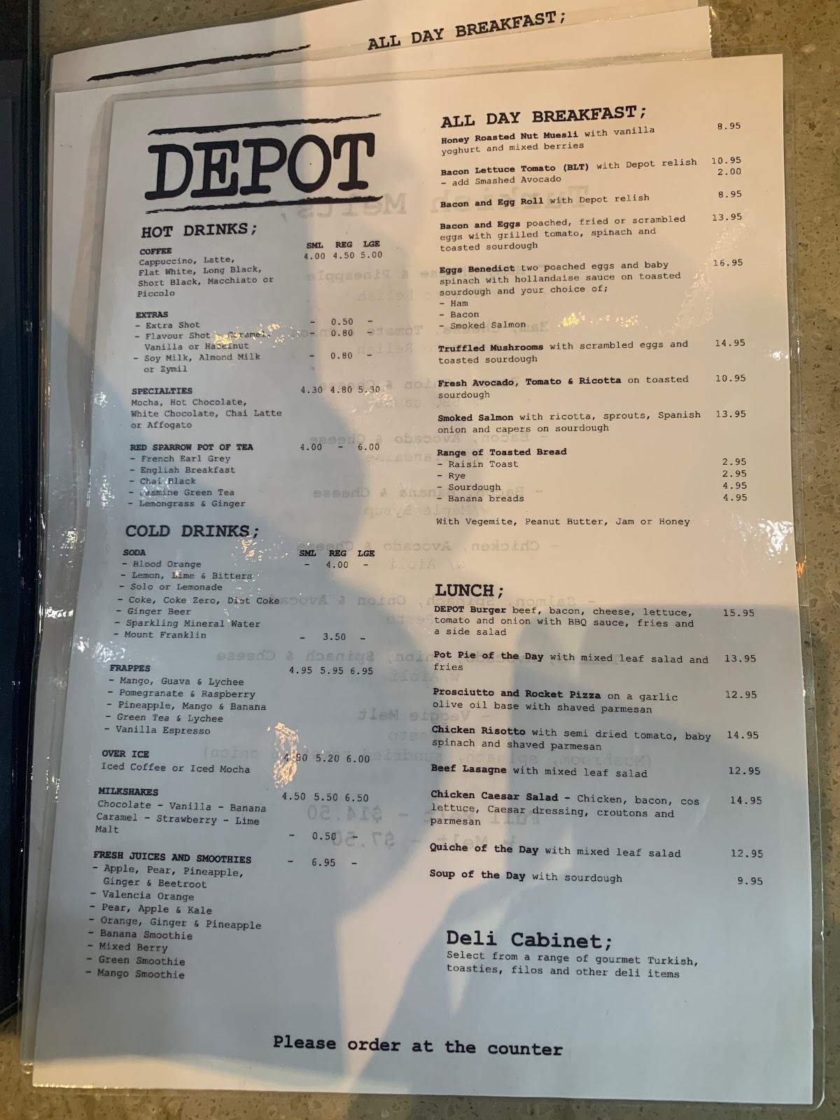 Menu at Depot Cafe, Kempsey