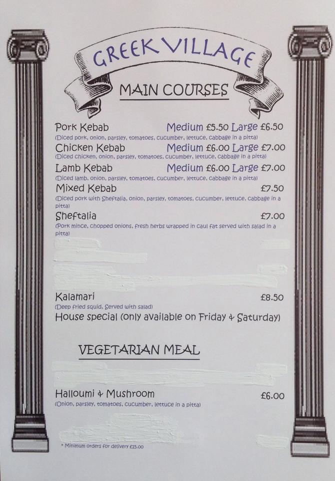 Menu at Greek Village restaurant, Leighton Buzzard