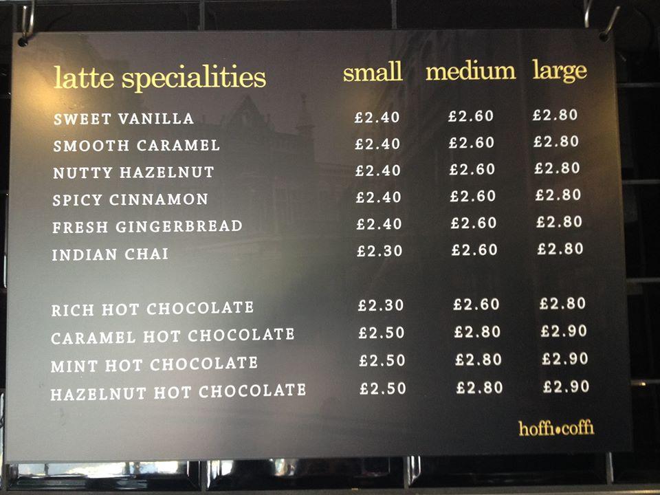 Menu at Hoffi Coffi cafe, Cardiff