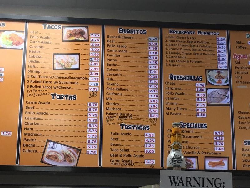 Menu at La Paloma Mexican Food restaurant, Indio