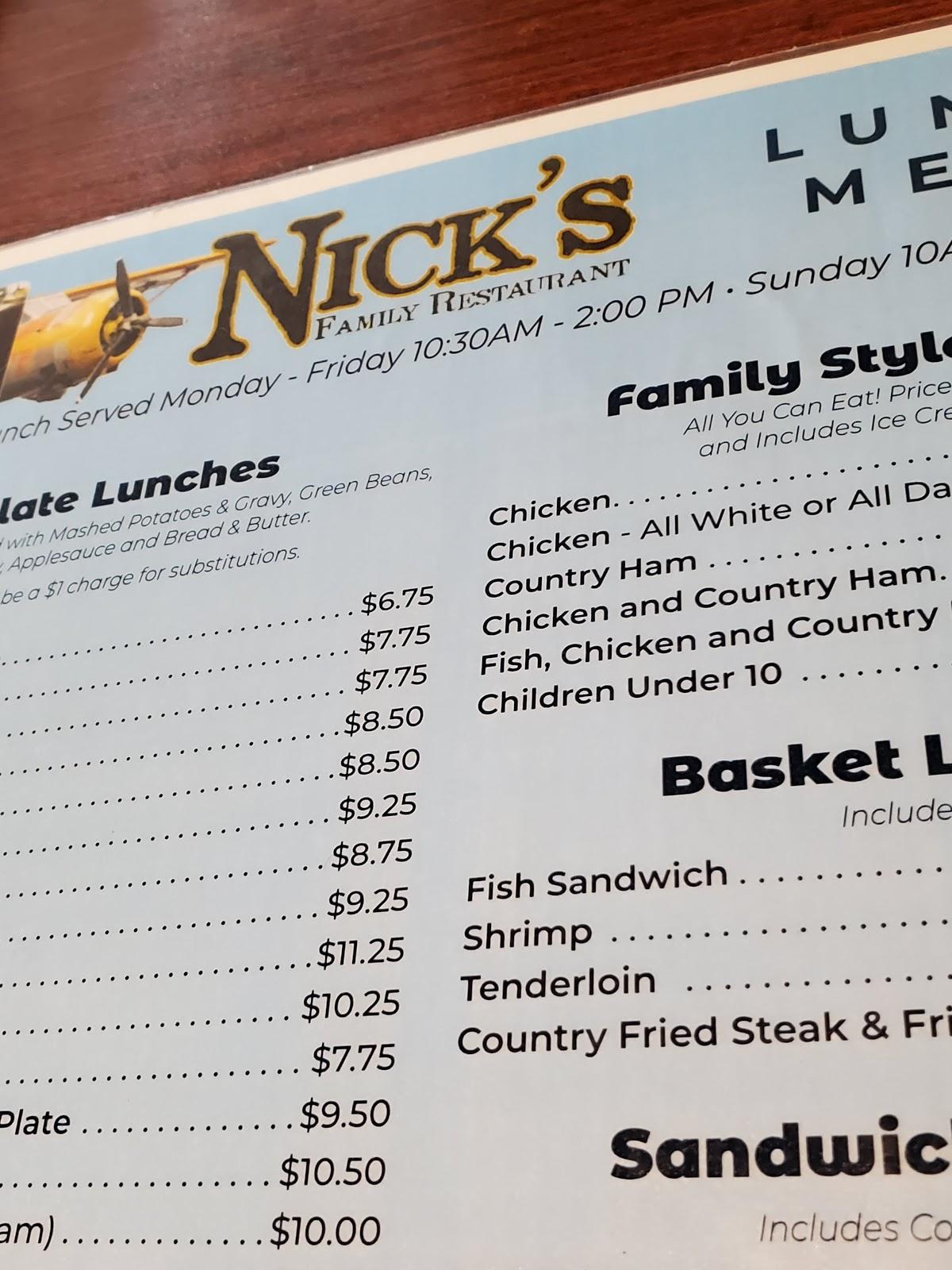 Menu at Nick's Family Restaurant, Jefferson City, E McCarty St