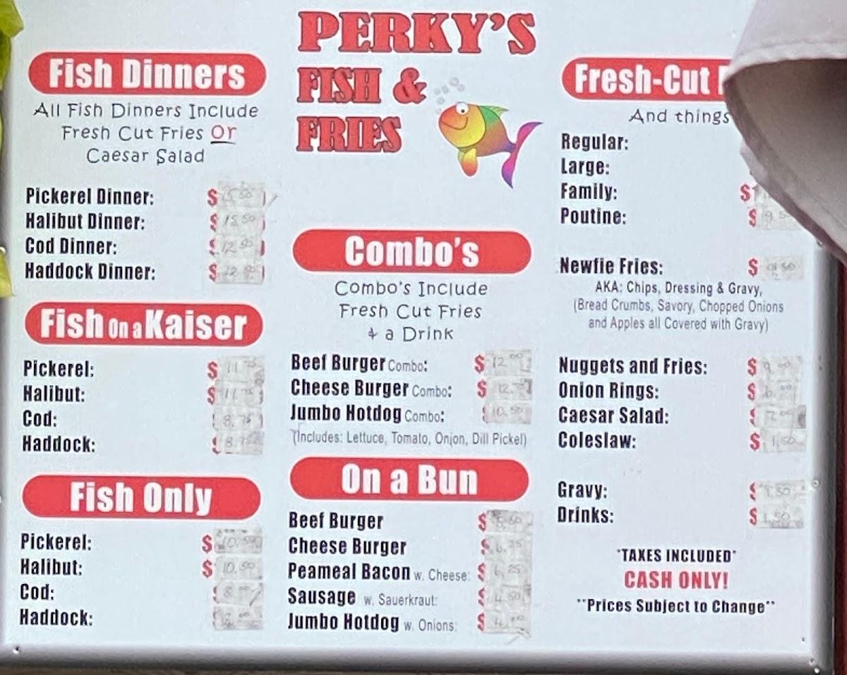 Menu at Perky's Fish & Fries restaurant, Canada