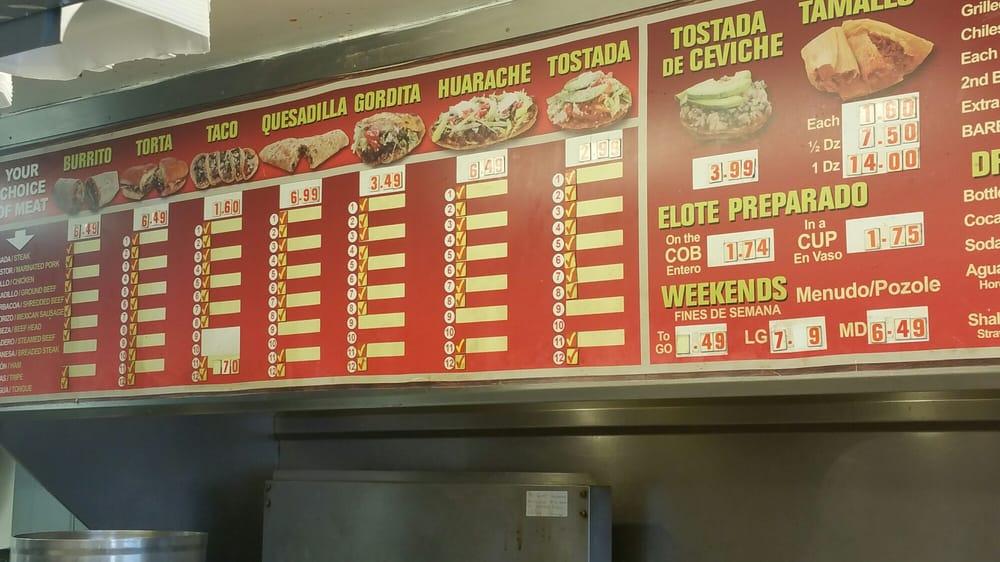 Menu at Ricky's Taqueria restaurant, Elkhart