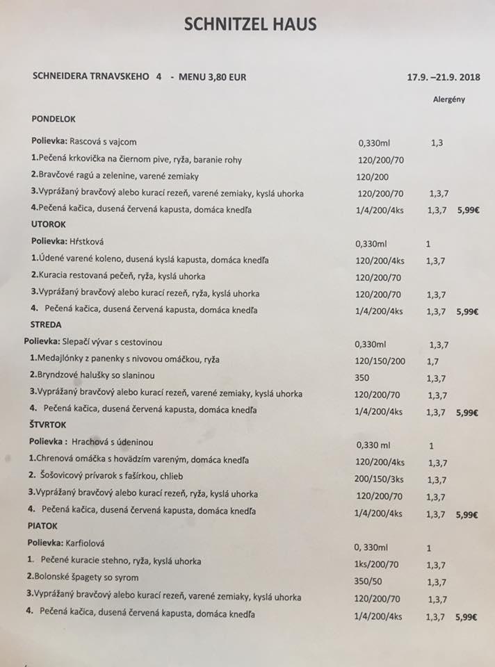 Menu at Schnitzel Haus restaurant, Bratislava