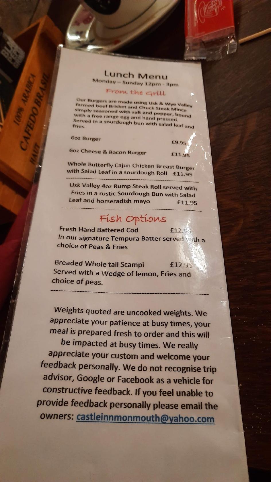 Menu at The Castle Inn pub & bar, Monmouth