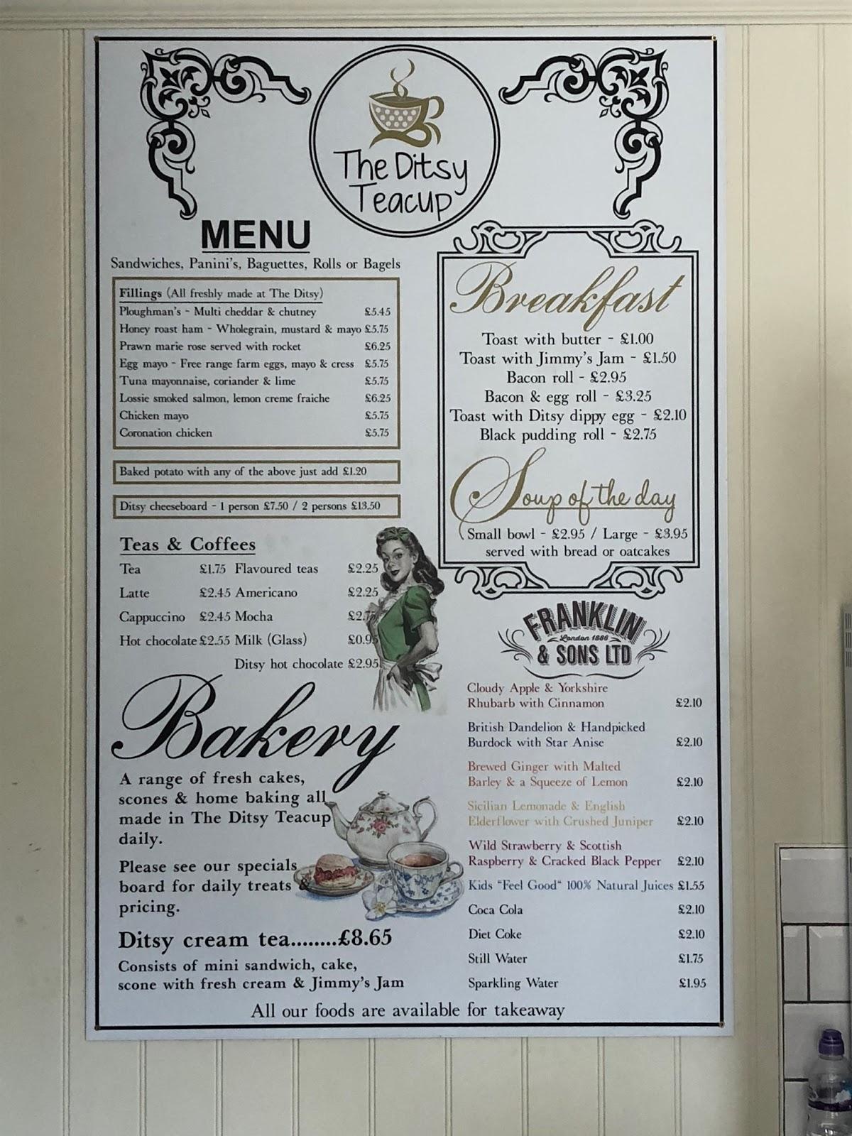 Menu at The Ditsy Teacup coffee house, Elgin