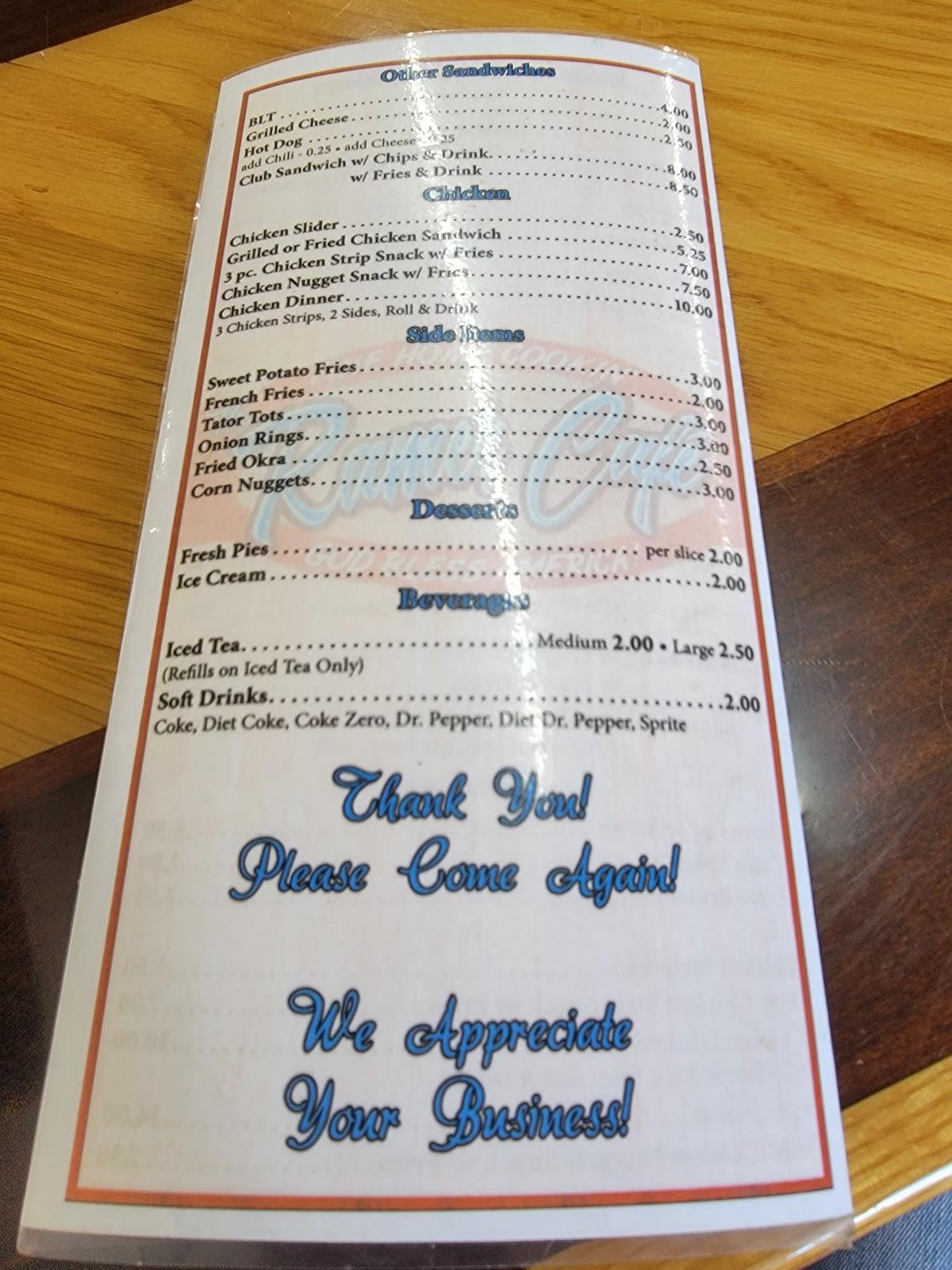 Menu at The Ramer Cafe, Ramer