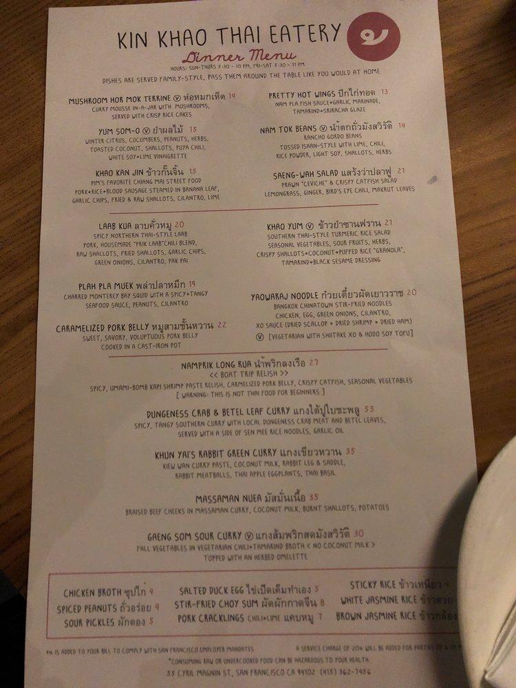 Menu at Kin Khao restaurant, San Francisco