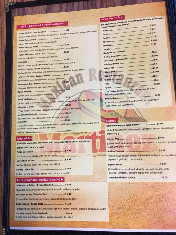 Menu at Martinez Mexican Restaurant, Greeneville