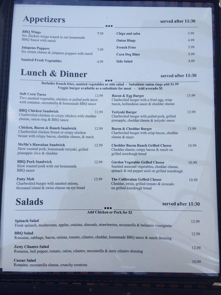 Menu at MeMe's Café cafe, Springdale