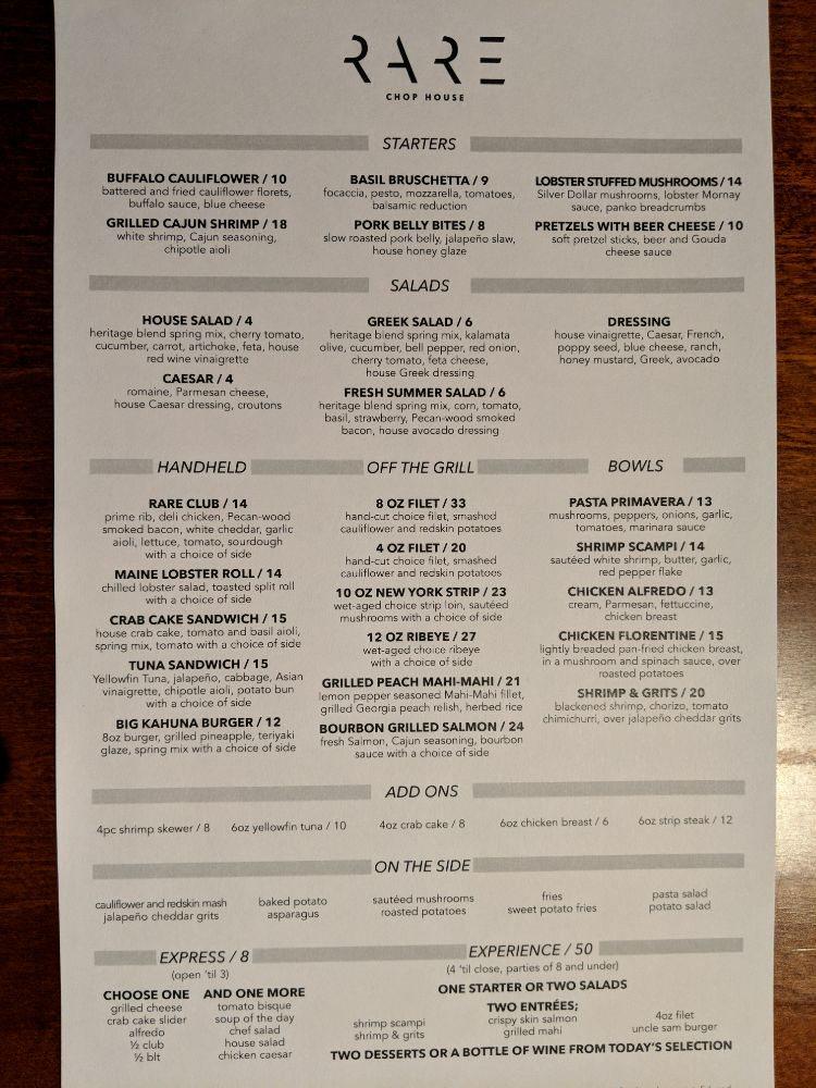 Menu at RARE Chop House pub & bar, Mount Vernon