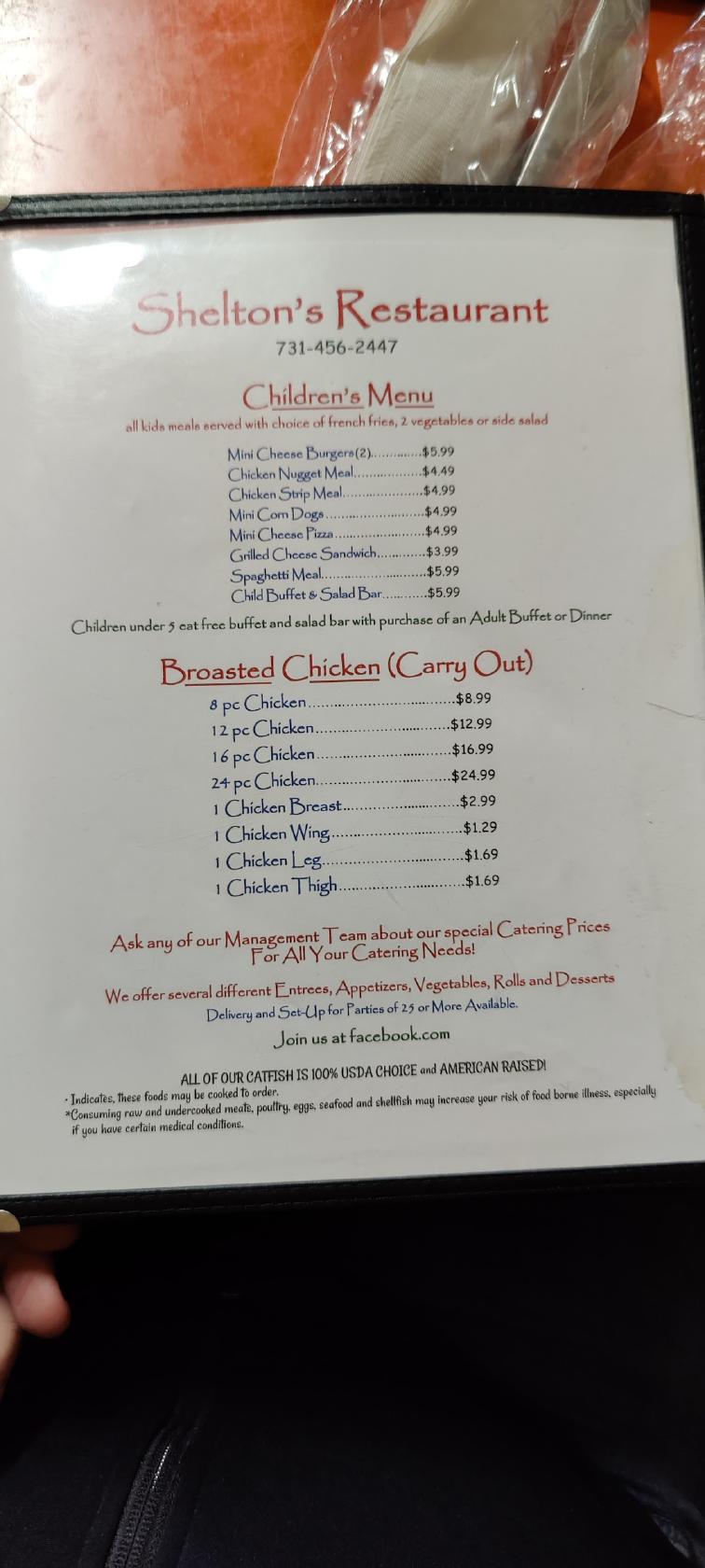 Menu at Sheltons Restaurant, Sharon