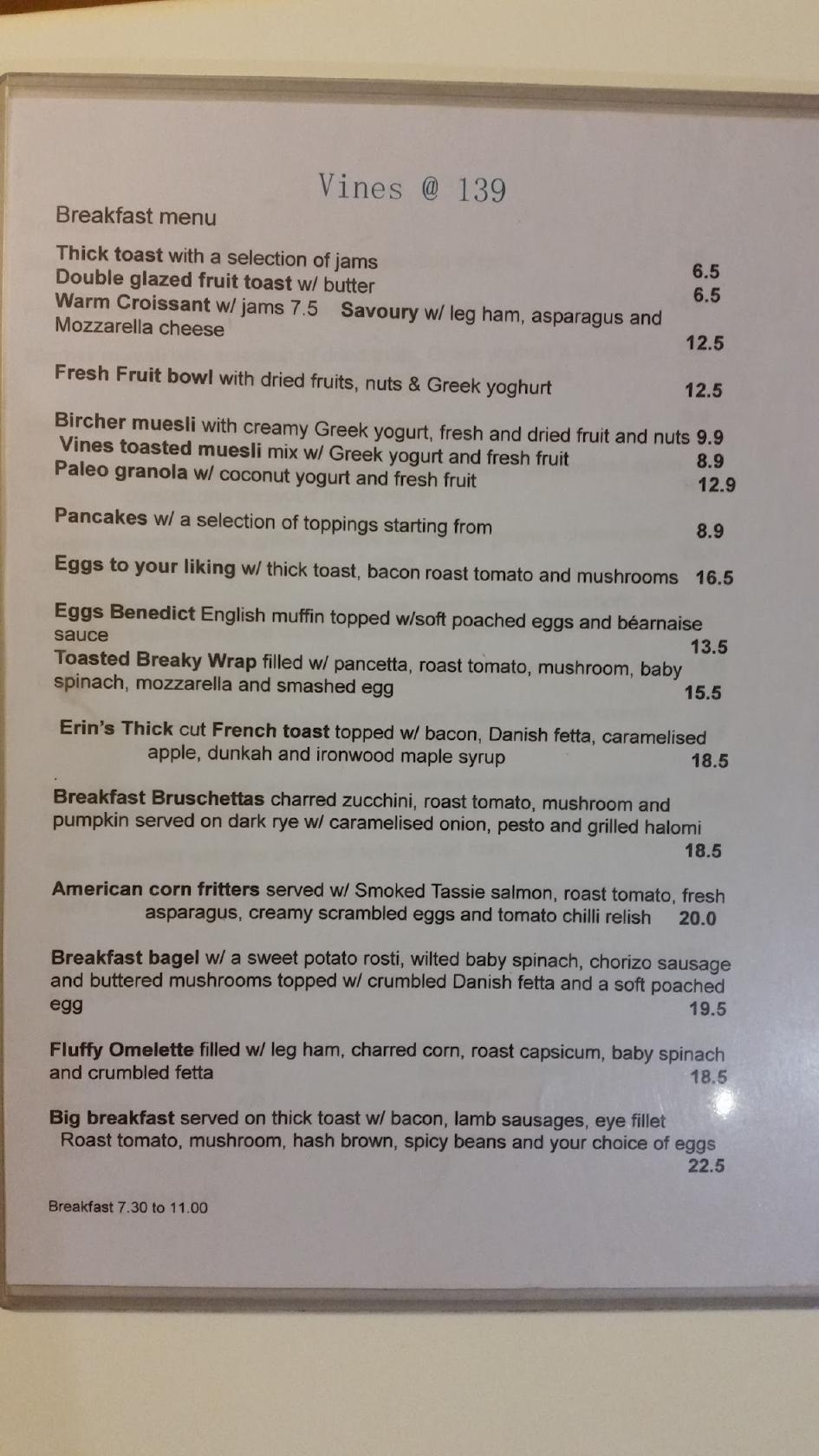 Menu at Vines at 139 restaurant, Grafton