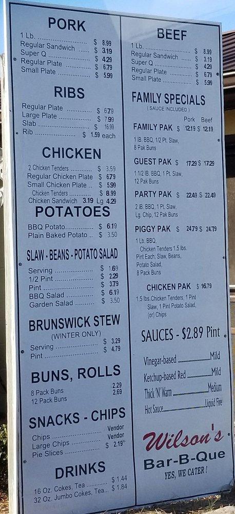 Menu at Wilson's Barbeque, Albertville