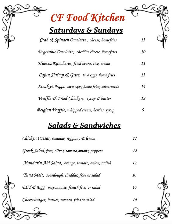 Menu at CF Food Kitchen restaurant, Los Angeles