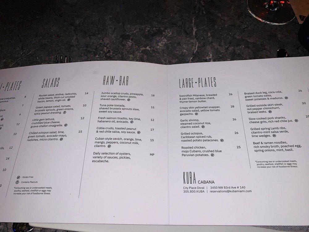 Menu at Kuba Cabana restaurant, Doral