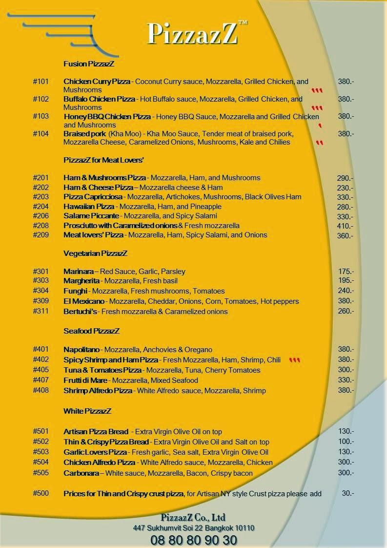 Menu at PizzazZ restaurant, Bangkok