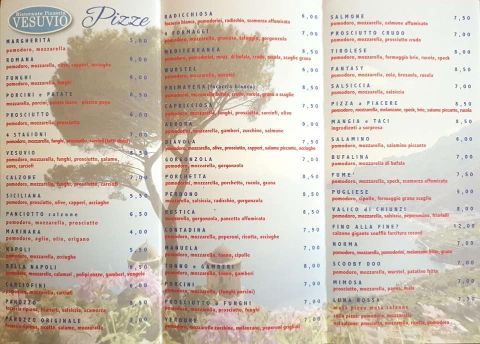Menu at Vesuvio restaurant, Melegnano