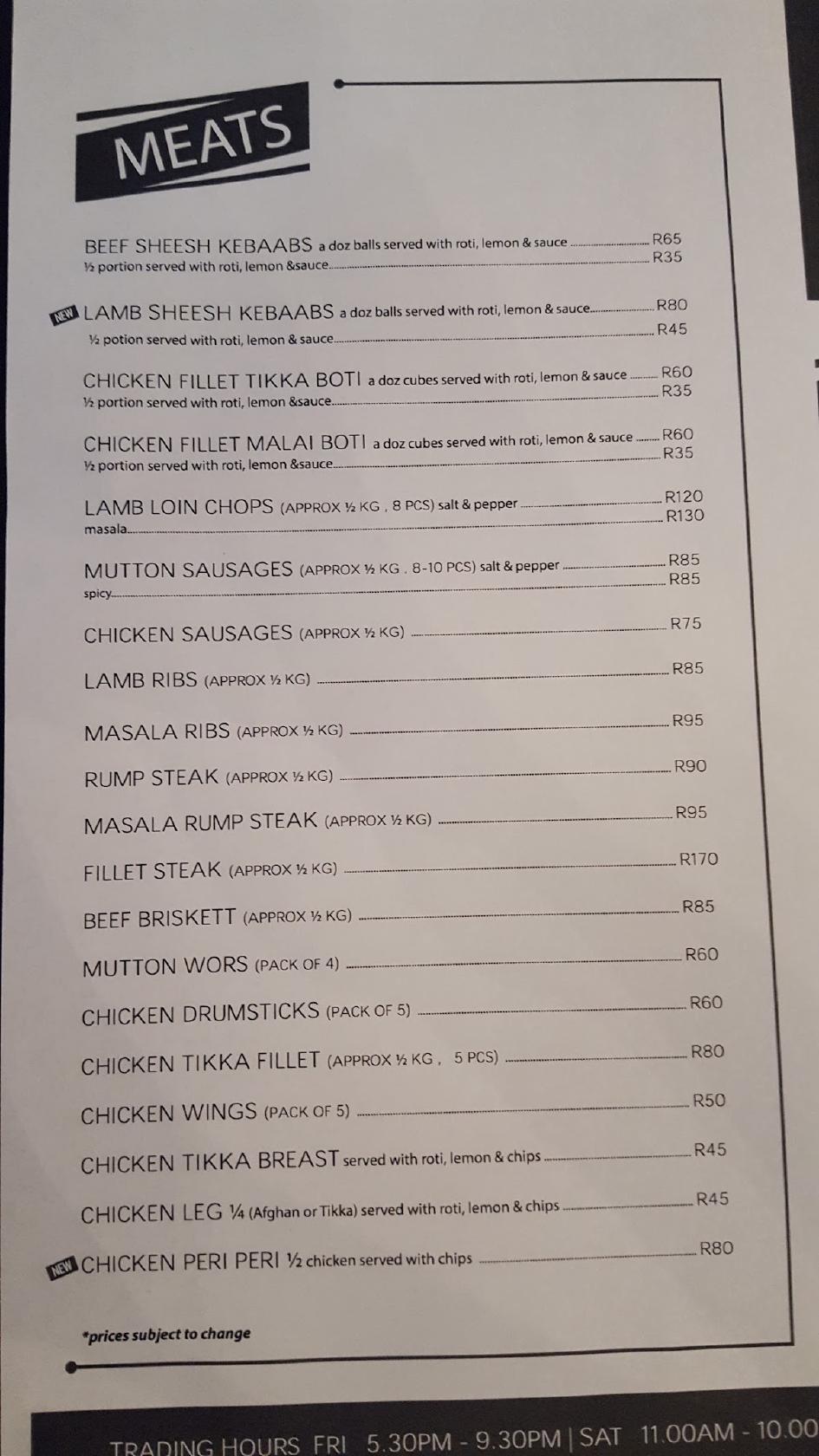 Menu at Randerees Braai Foods restaurant, Durban