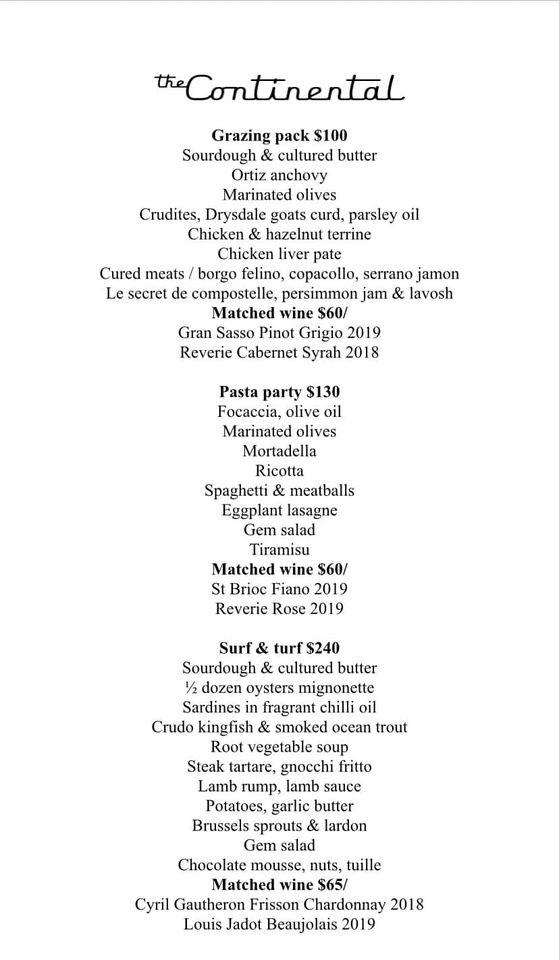 Menu at The Continental restaurant, Geelong