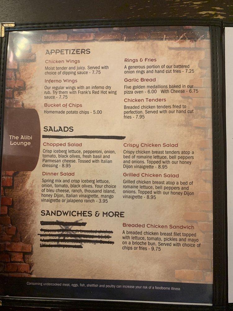 Menu at Alibi Lounge pub & bar, Shelby