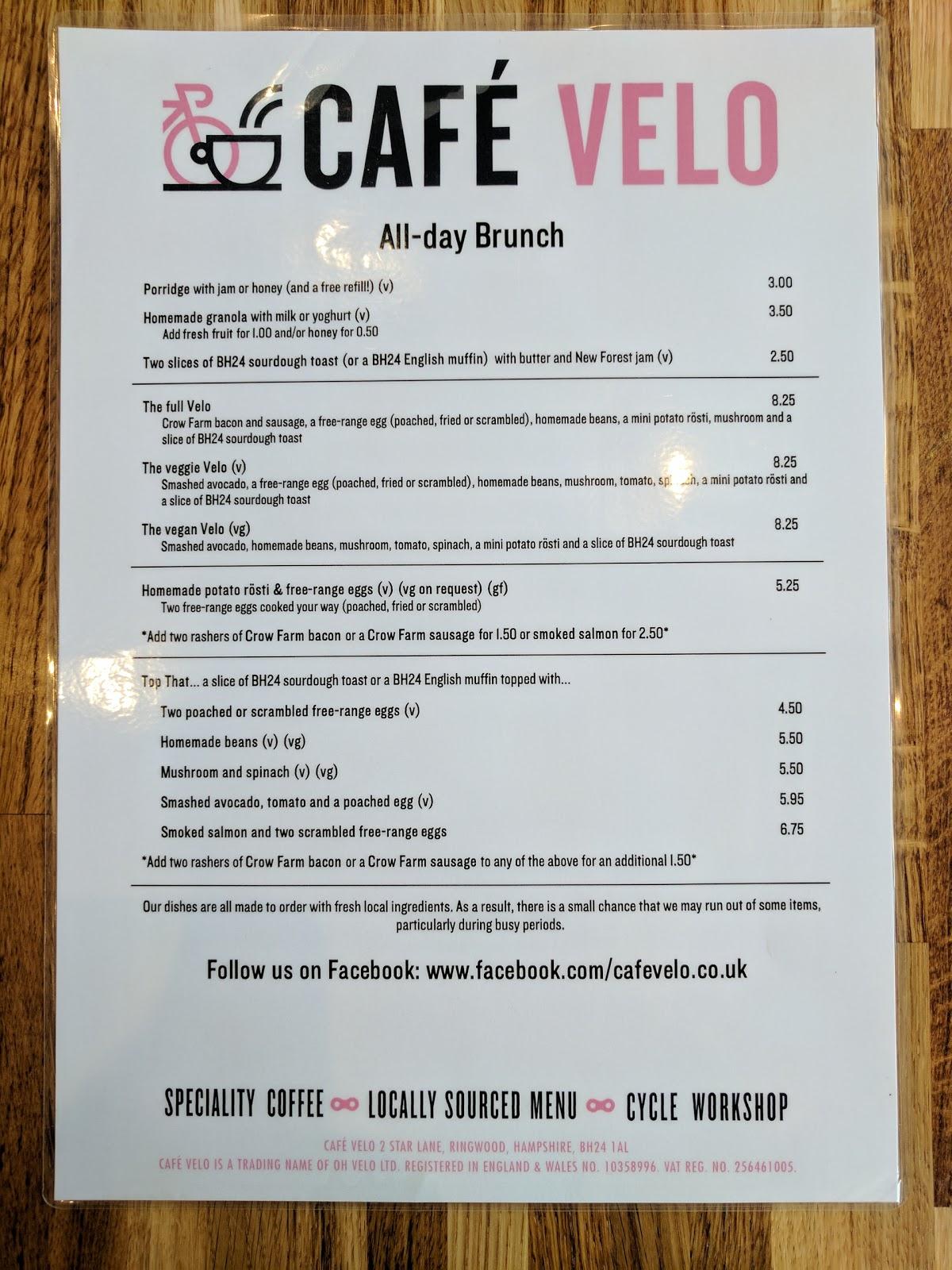 Menu at Café Velo cafe, Ringwood