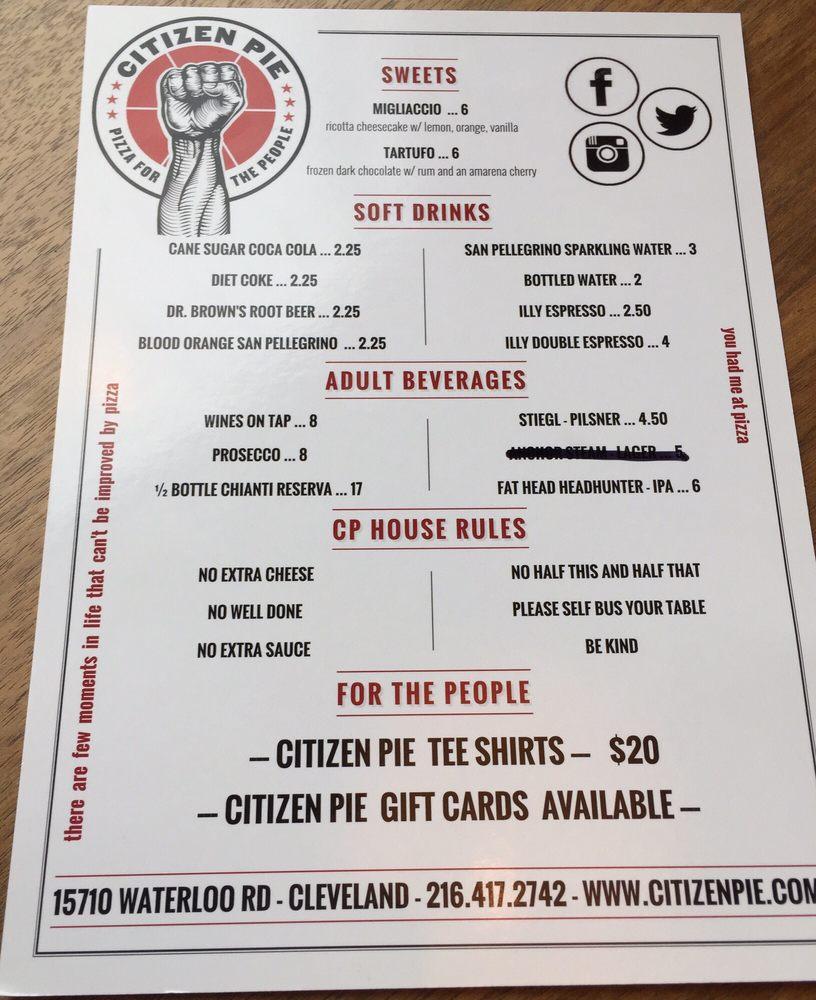 Menu at Citizen Pie pizzeria, Cleveland, Waterloo Rd #1660