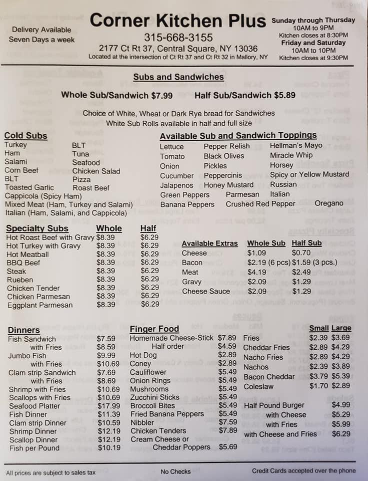 Menu at Corner Kitchen Plus pizzeria, Central Square