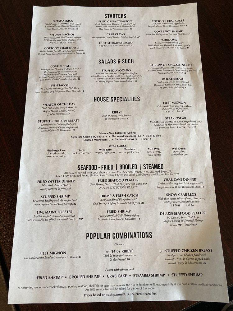 Menu at Cotton's Restaurant, Orange Beach