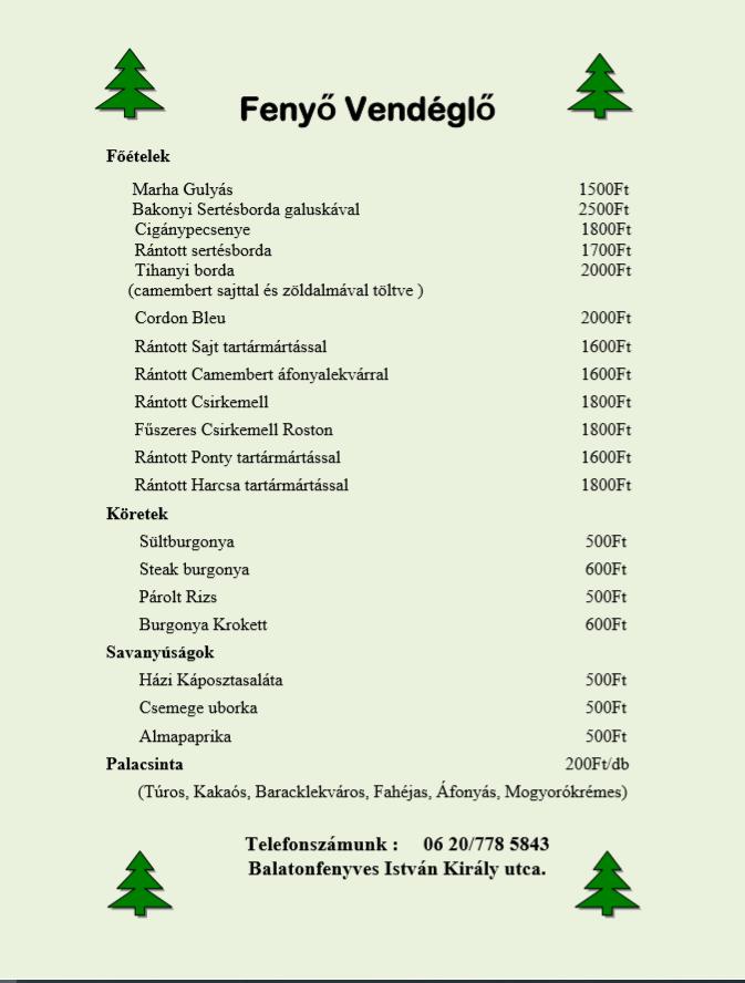 Menu at Fenyő Strand Vendéglő restaurant, Balatonfenyves