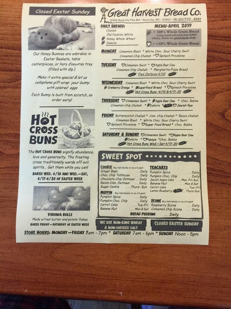 Menu at Great Harvest Bread restaurant, Rockville
