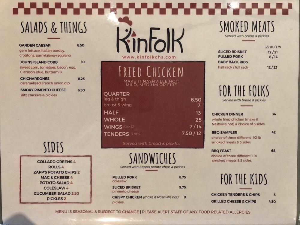 Menu at KinFolk restaurant, Johns Island