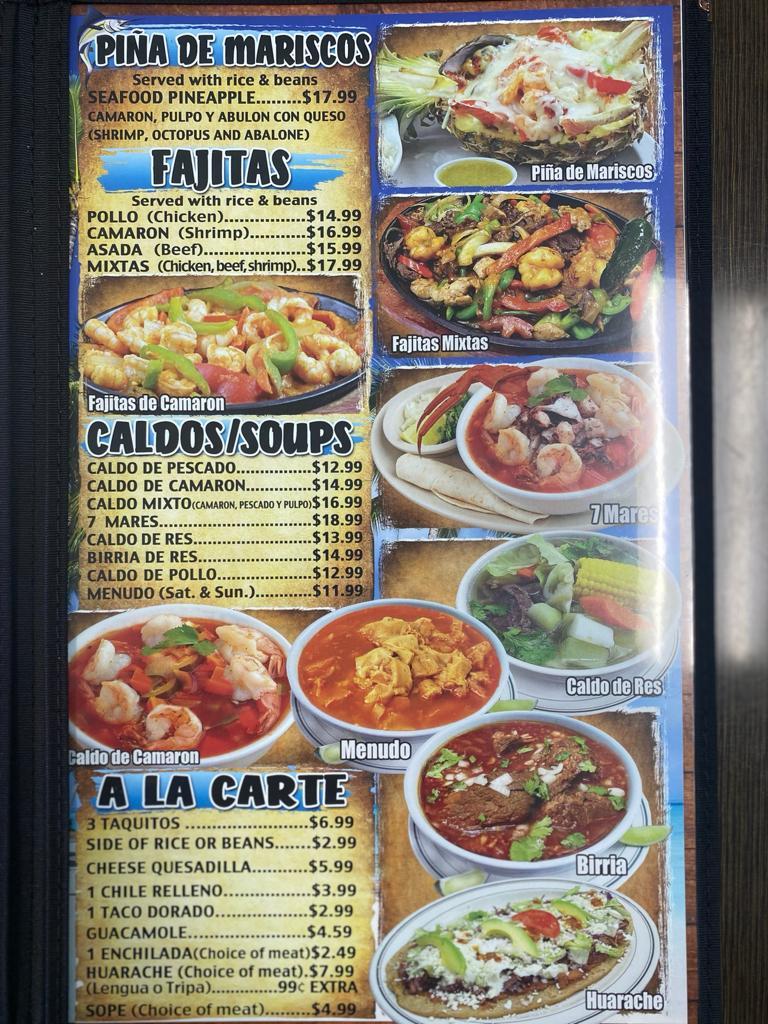 Menu at Mariscos El Leo restaurant, Anaheim