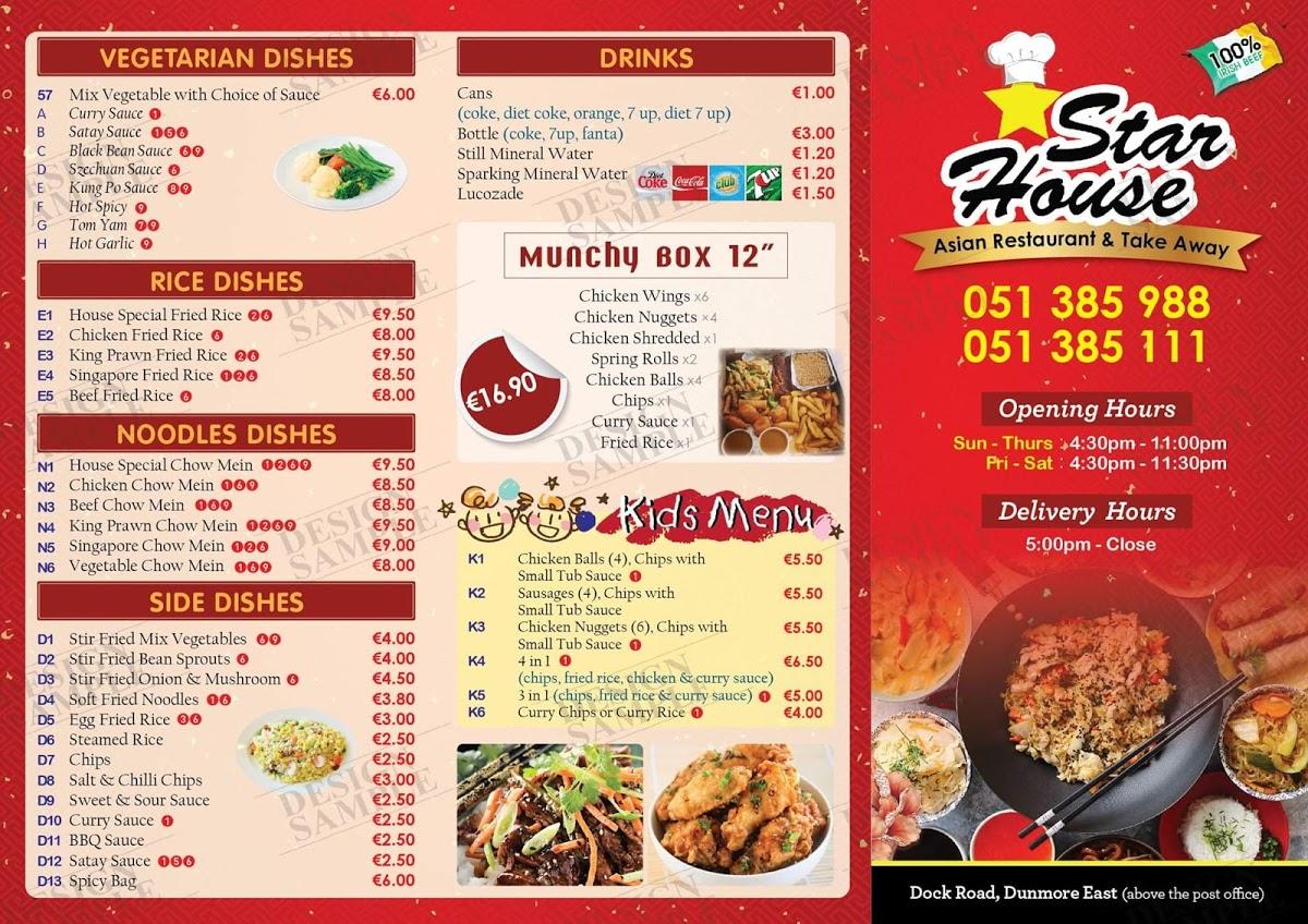 Carta de Star House Chinese/Asian Restaurant&Take Away, Dunmore East