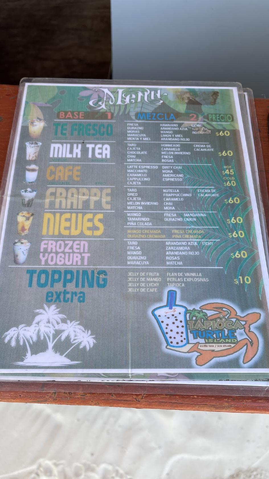 Menu at Tapioca Turtle Beach cafe, Isla Mujeres