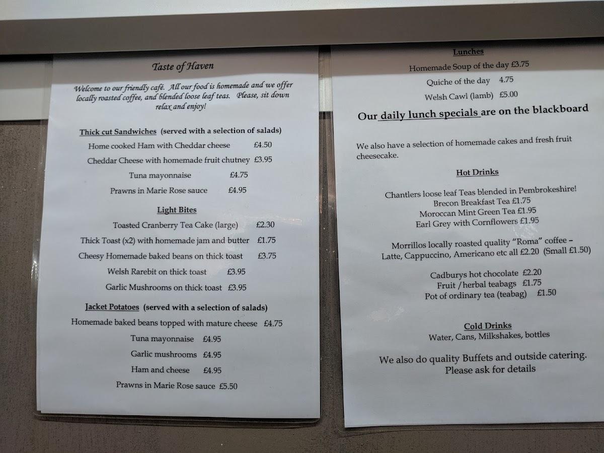 Menu at Taste of Haven restaurant, Milford Haven