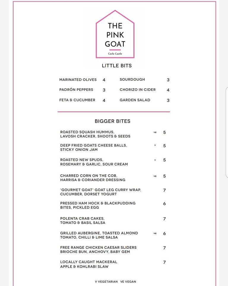 Menu at The Pink Goat Corfe Castle restaurant, Corfe Castle