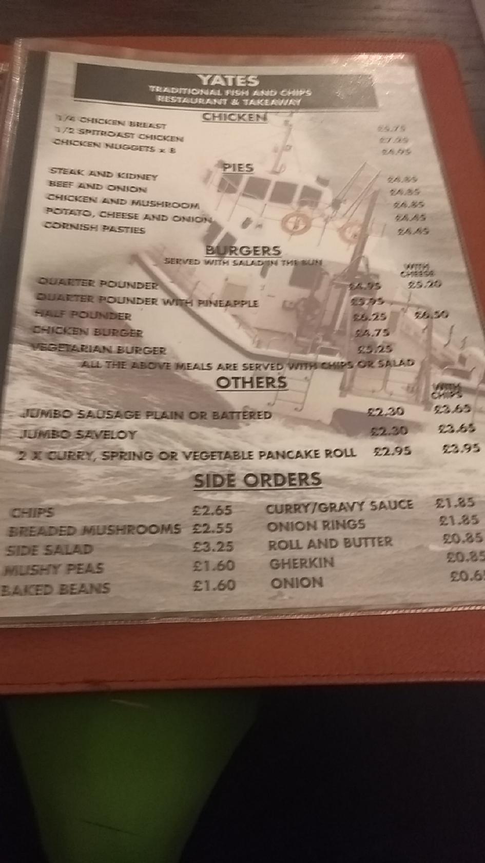 Menu at Yates Fish Bar, Walton on the Naze, 15-21 Old Pier St