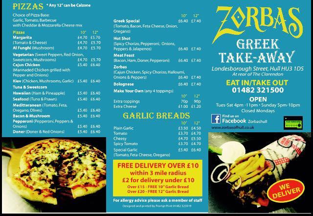 Menu at Zorbas restaurant, Hull