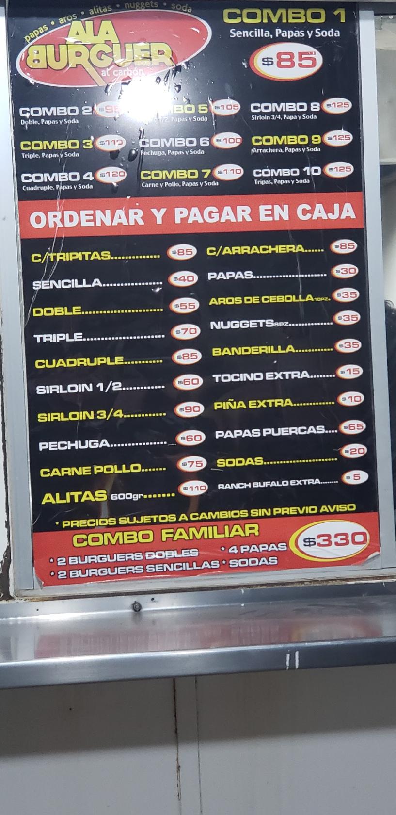 Carta del restaurante Ala Burger Al Carbon, Ciudad Juarez