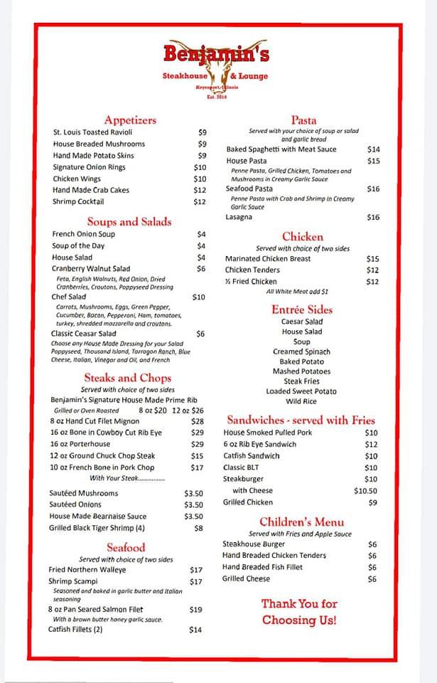 Menu at Benjamin's Steakhouse & Lounge LLC., Keyesport