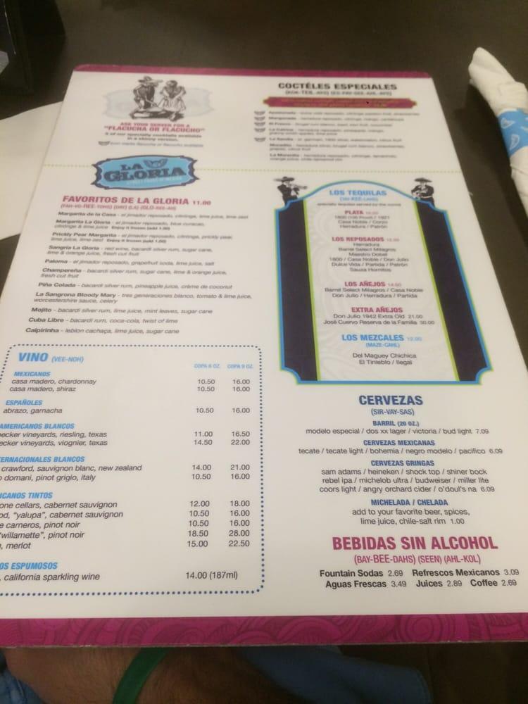 Menu at La Gloria restaurant, San Antonio, Airport Blvd