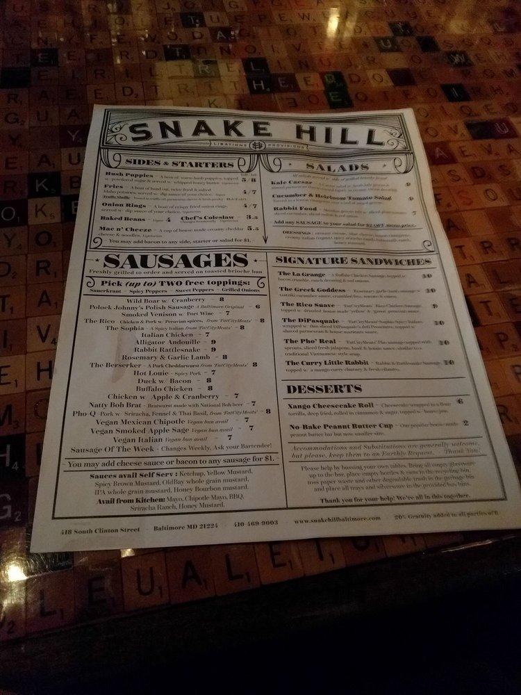 Carta del pub y bar Snake Hill, Baltimore