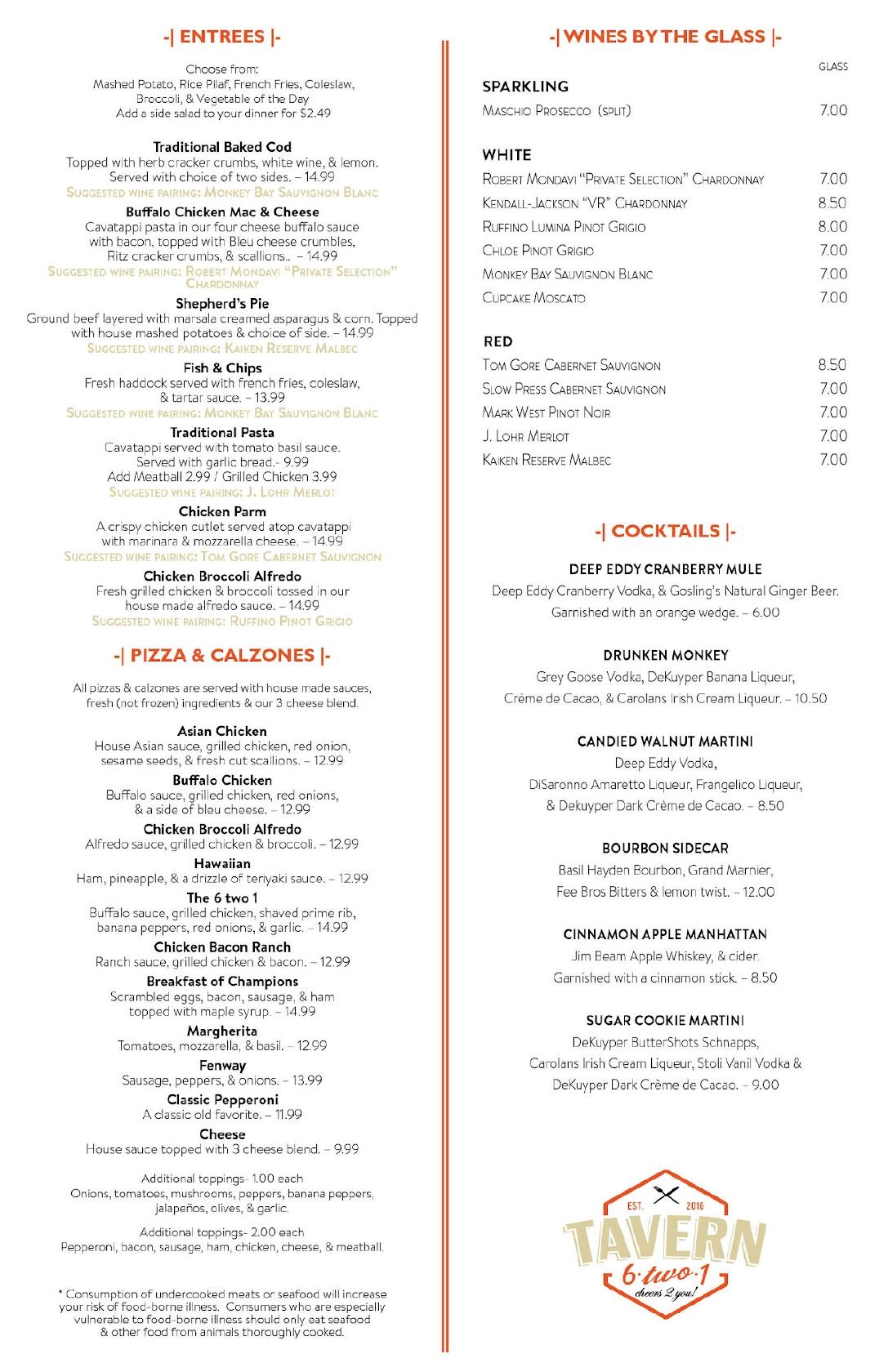 Menu at Tavern 6 two 1 pub & bar, North Smithfield