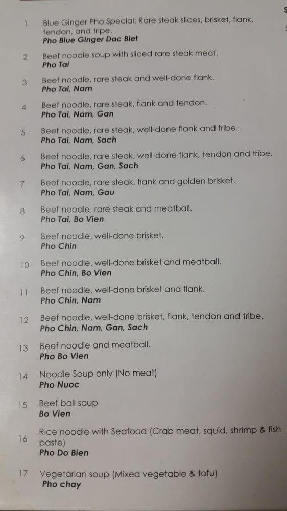 Menu at Blue Ginger Pho restaurant, Tehachapi