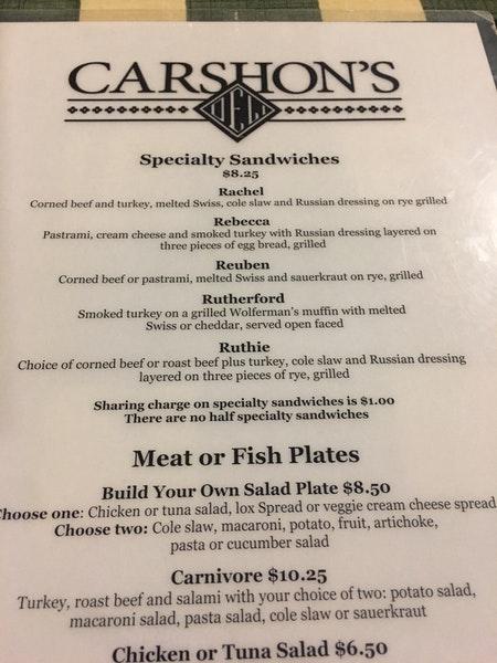 Menu at Carshon's Delicatessen restaurant, Fort Worth