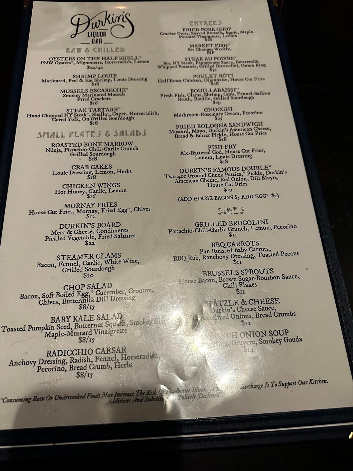 Menu at Durkin's Liquor Bar, Spokane