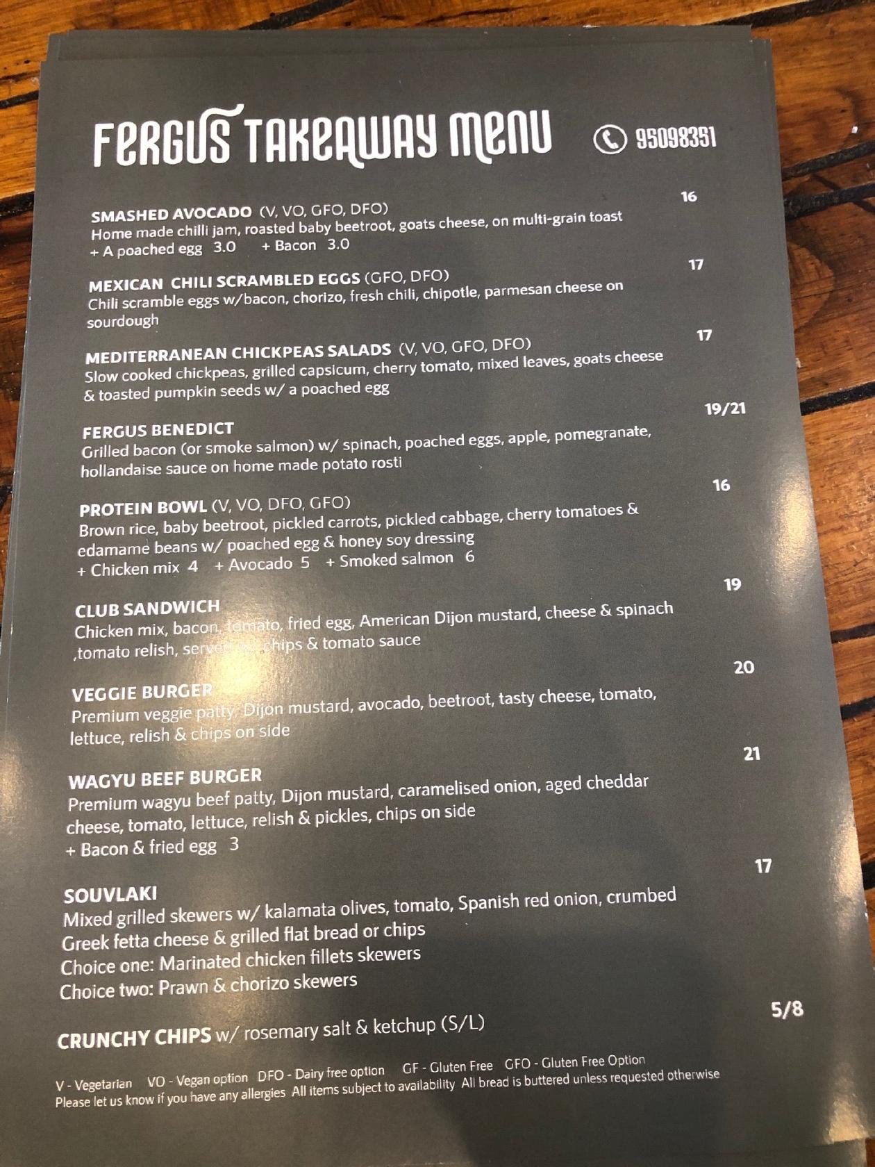 Menu at Fergus Cafe, Malvern East
