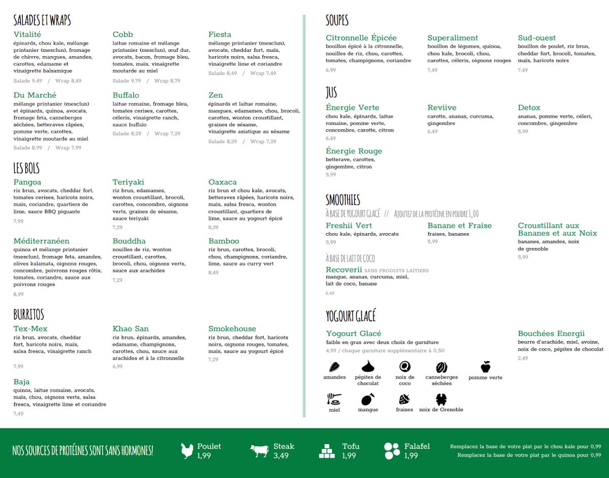 Menu at Freshii fast food, Québec City, 47 Bd René-Lévesque E